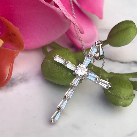 Jewelry | 14k White Gold Lab 2ct Diamond Cross Necklace | Poshmark